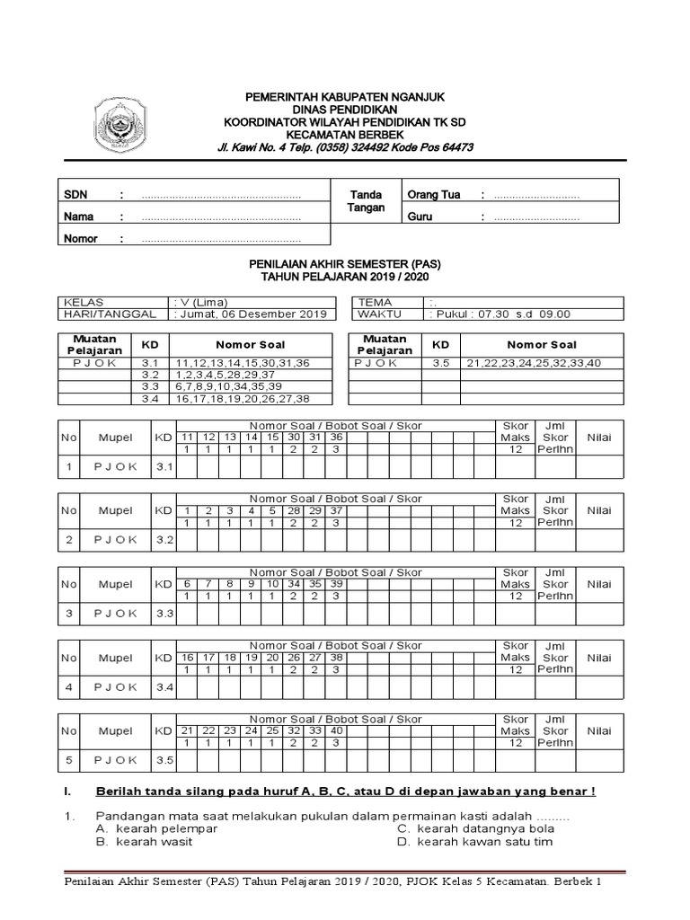 SOAL PAS (K13) - PJOK KELAS 5 Legal | PDF