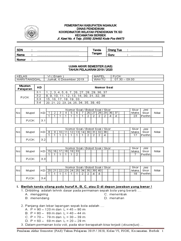 UAS PJOK Kelas VI Berbek 2019/2020 | PDF