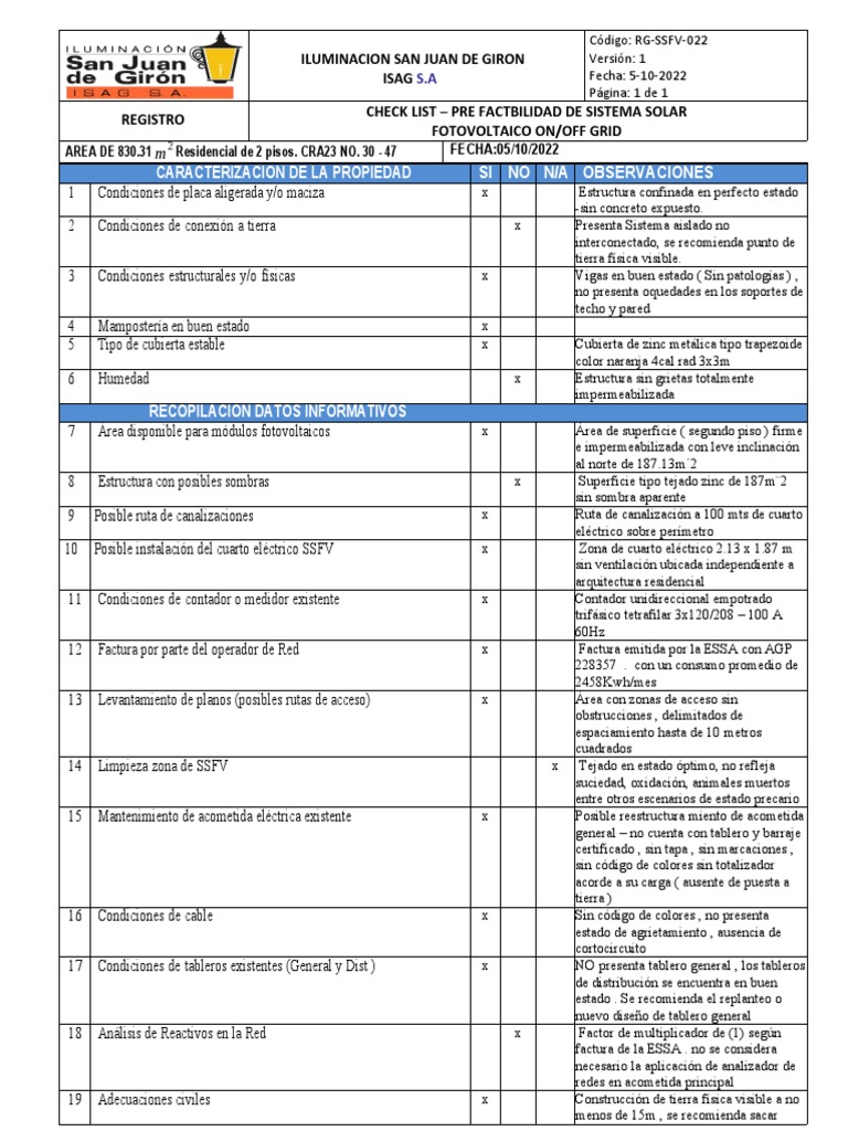 Rg-Sso-020 Check List Fotovoltaico | PDF
