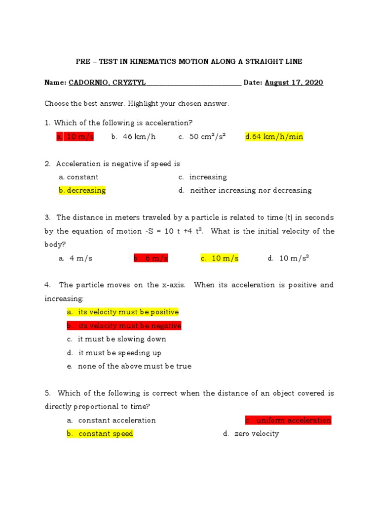 Pre Test Research Gen. Physics 1 | PDF | Acceleration | Velocity