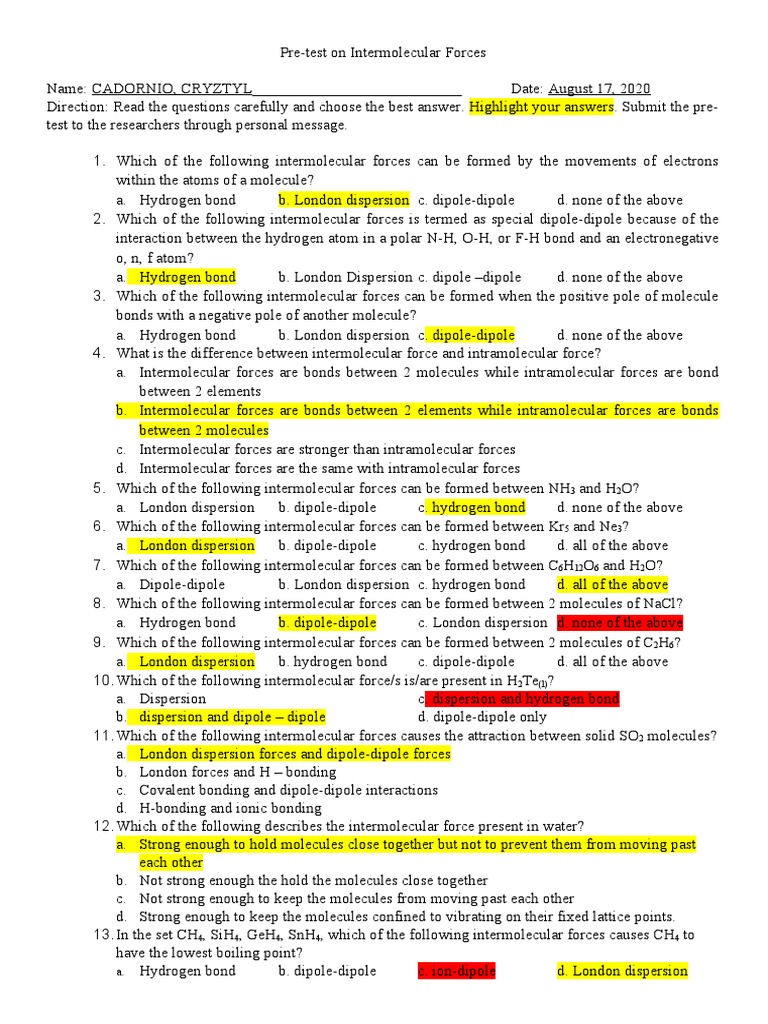 Intermolecular Forces Pre-test | PDF | Intermolecular Force | Chemical ...