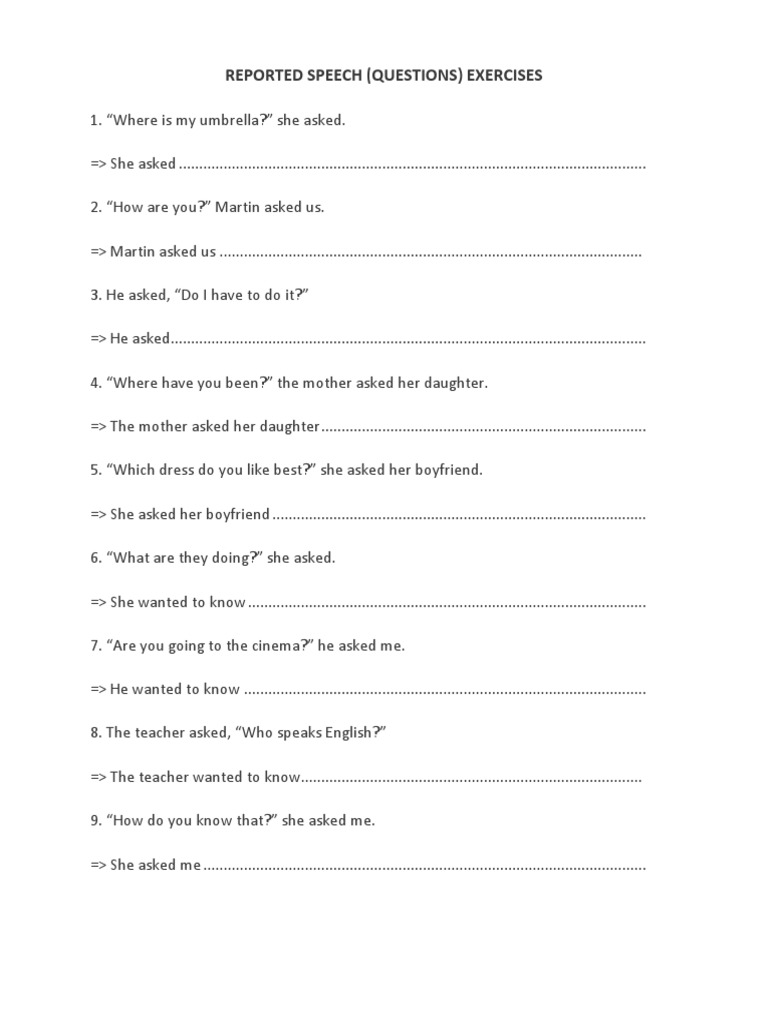 Reported Speech Exercises (Questions) | PDF