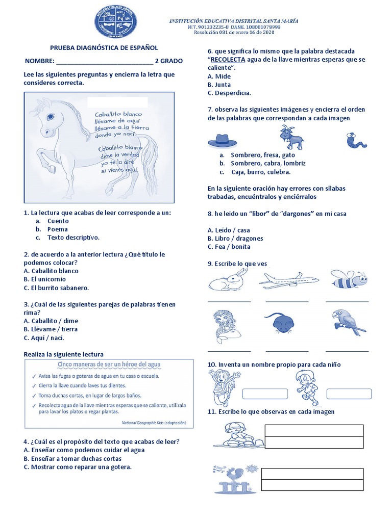 Prueba Diagnostica de Español | PDF Prueba Diagnostica de Español | PDF