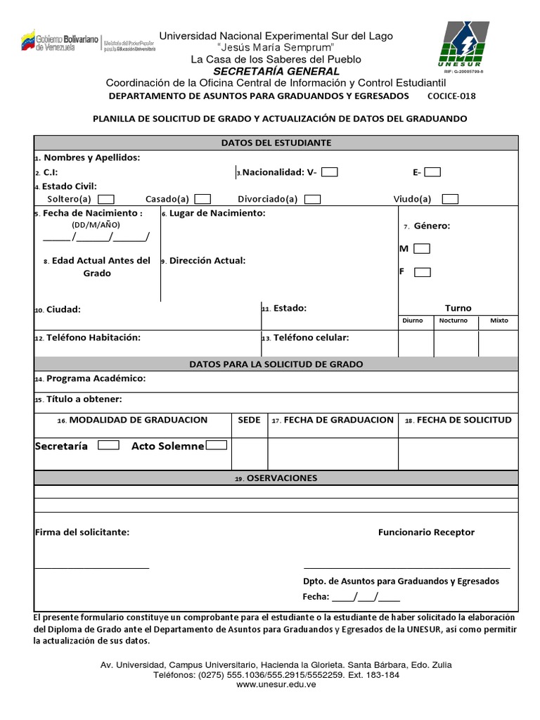 Planilla de Solicitud A Grado y Actualizacion de Datos | PDF