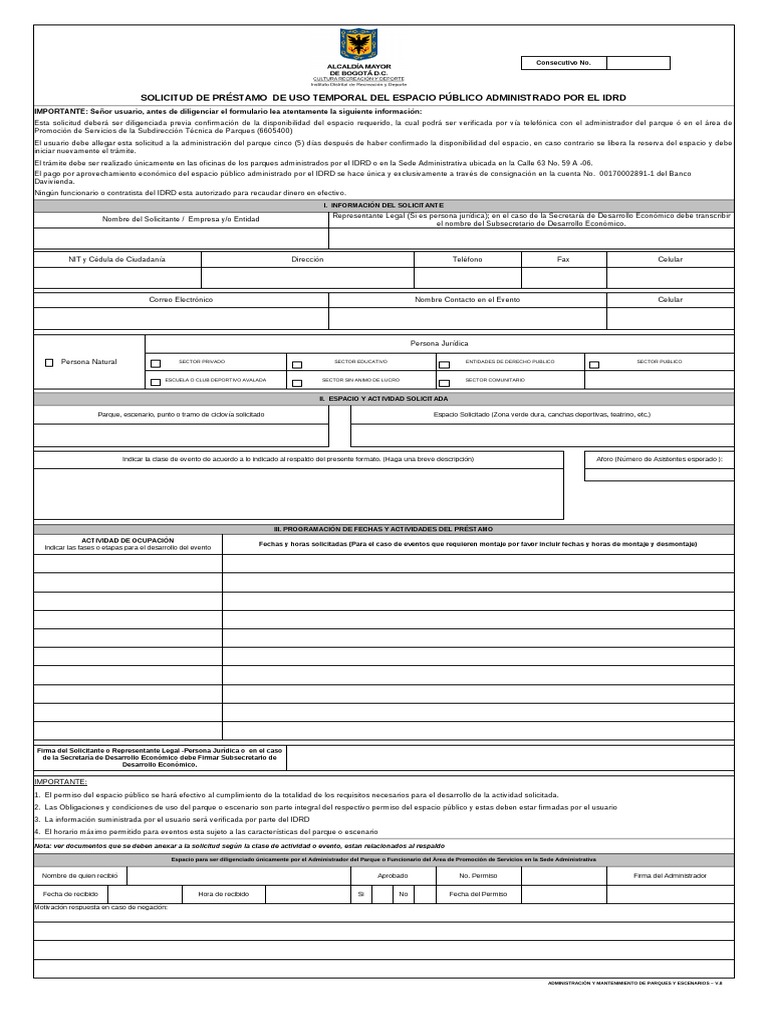 Solicitud de Préstamo de Uso Temporal Del Espacio Público Administrado Por El Idrd | PDF