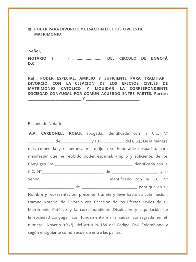 Poder para Divorcio y Cesacion Efectos Civiles de Matrimonio | PDF | Divorcio | Propiedad de la ...