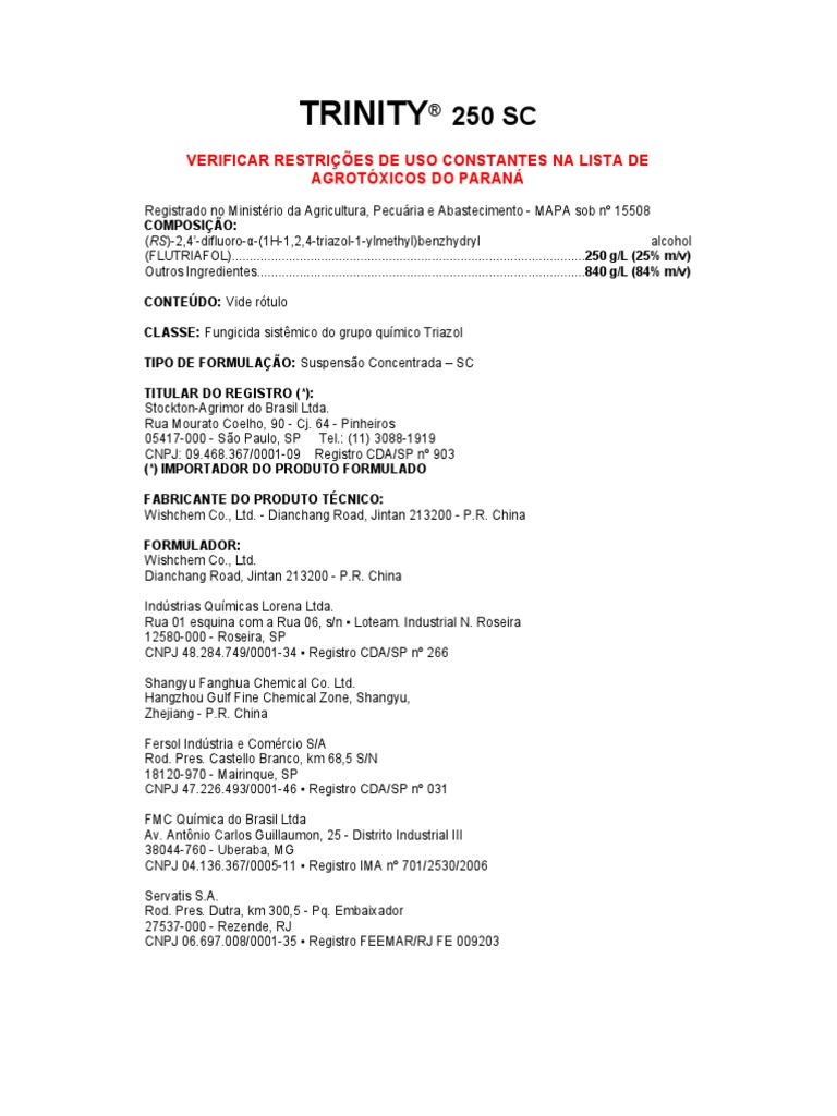 Trinity 250 Sc | PDF | Embalagem e rotulagem | Armazém