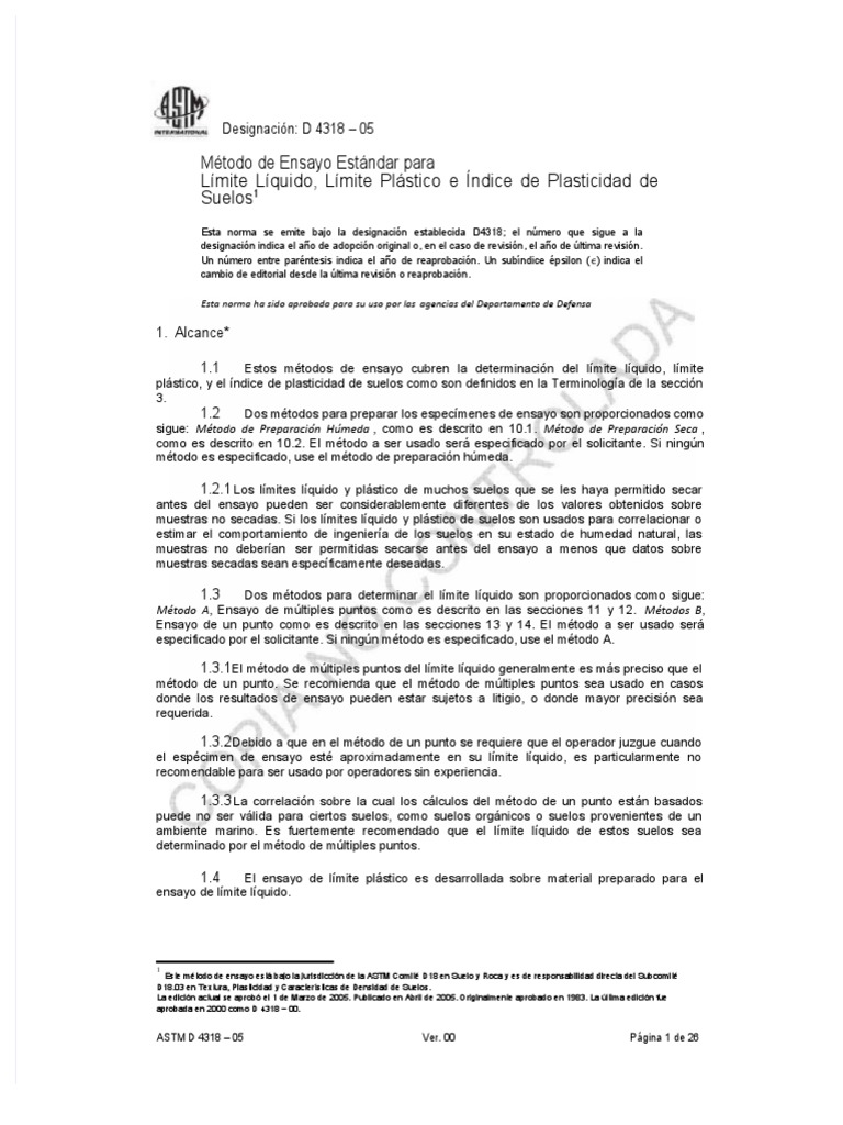 Astm d4318 05 Limite Liquido Plastico | PDF | Agua | Plasticidad (Física)