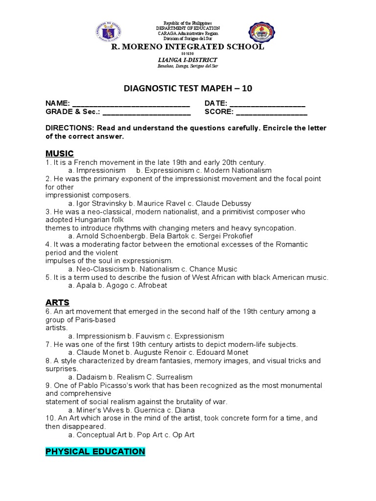 Grade 10 MAPEH Diagnostic Test | PDF