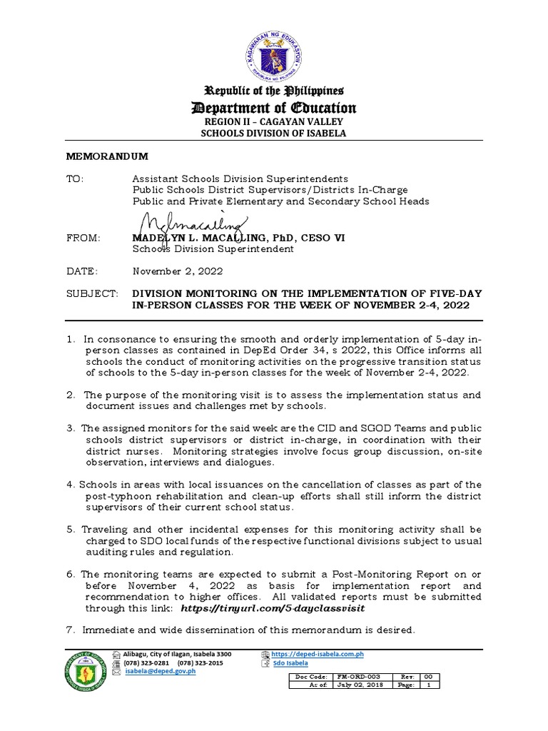 2022 11 02 Division Monitoring On The Implementation of Five Day in Person Classes Week of Nov 2 ...