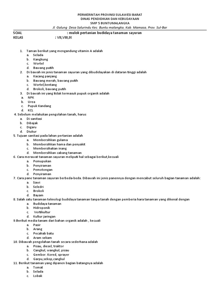 Soal Agribisbis Tanaman Sayuran Kelas XII Mulok | PDF