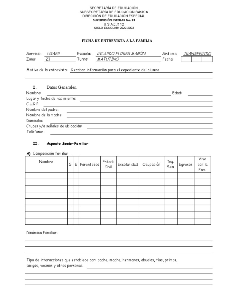 Entrevista Familiar para Evaluación Educativa | PDF | Educación de la ...