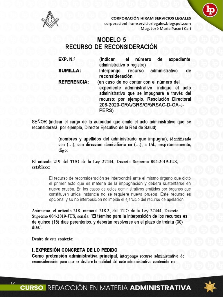 Modelo 5 RECURSO DE RECONSIDERACIÓN | PDF | Gobierno | Justicia