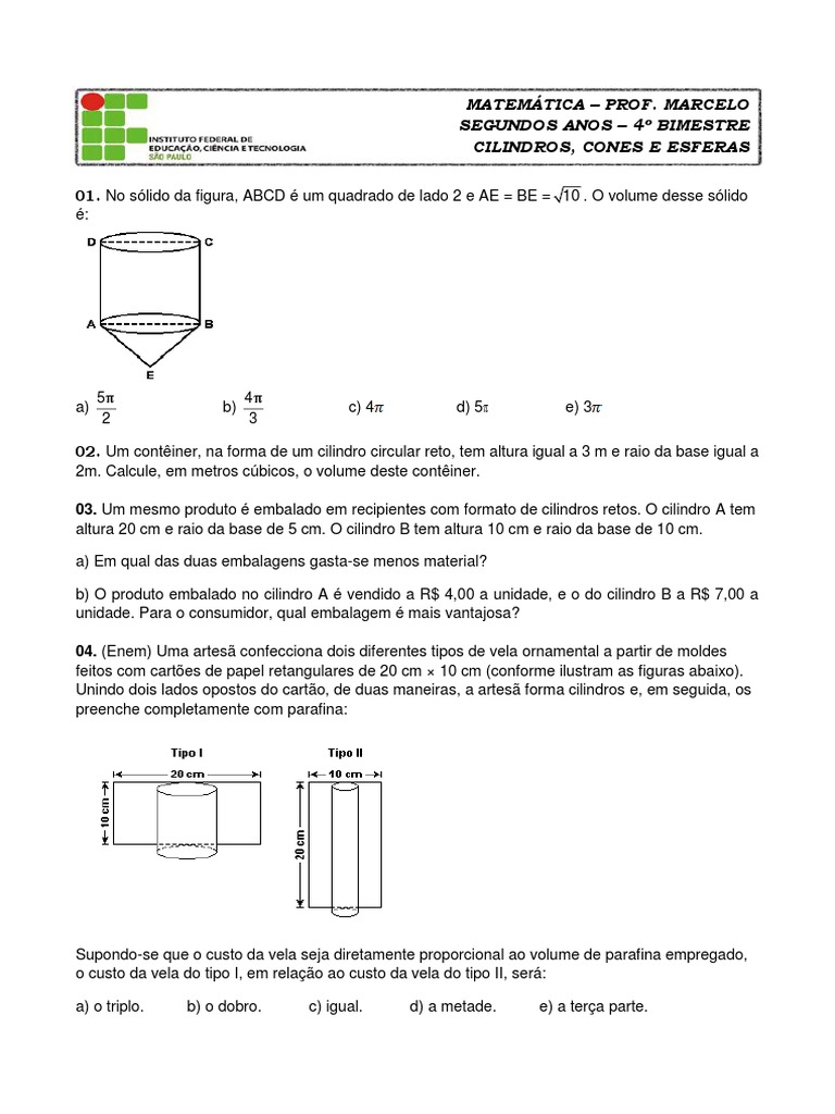 Lista - Cilindro, Cone, Esfera | PDF | Esfera | Euclides