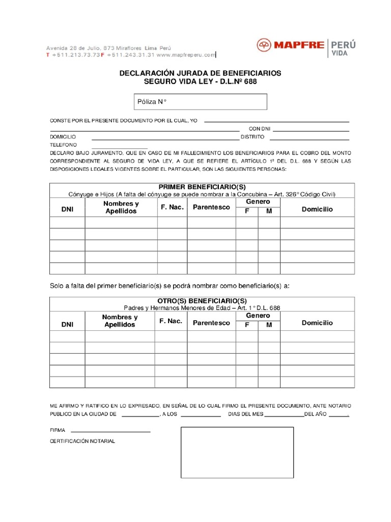 Declaración Vida Ley Mapfre - Actual | PDF