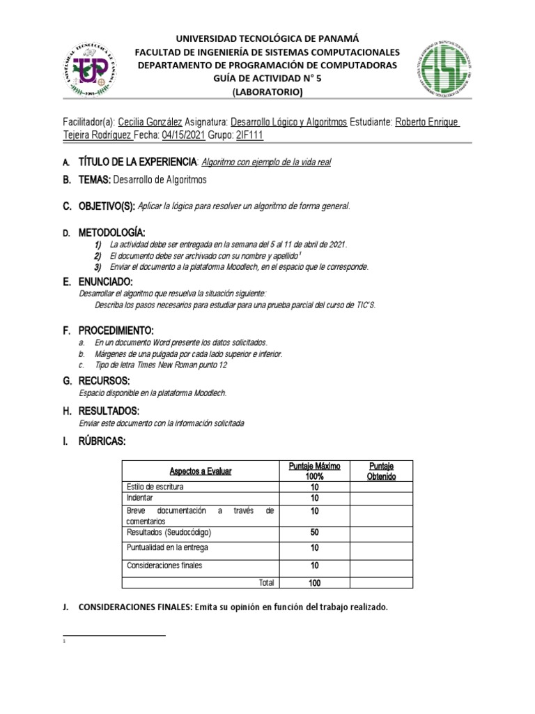 Algoritmo General Roberto Tejeira | PDF | Algoritmos | Ingeniería de ...