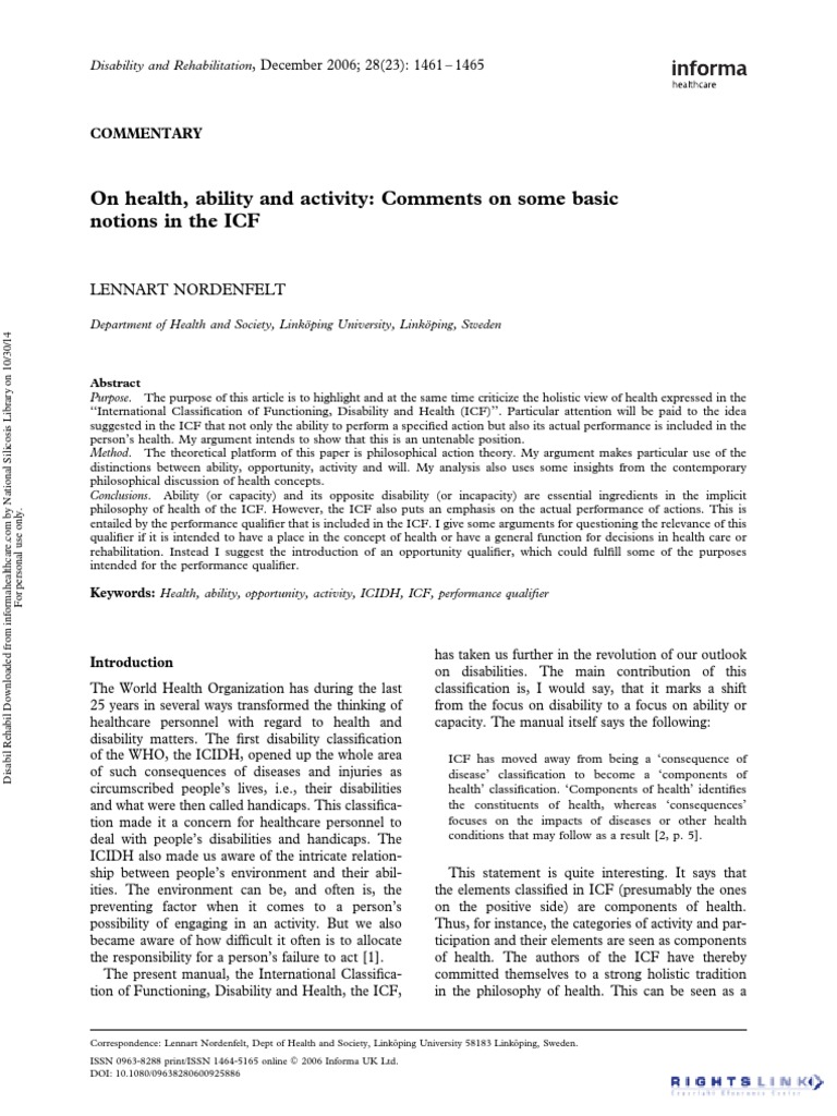 On Health, Ability and Activity: Comments On Some Basic Notions in The ICF | PDF | Disability ...