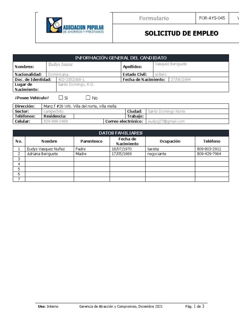 Formulario Solicitud de Empleo | PDF | República Dominicana