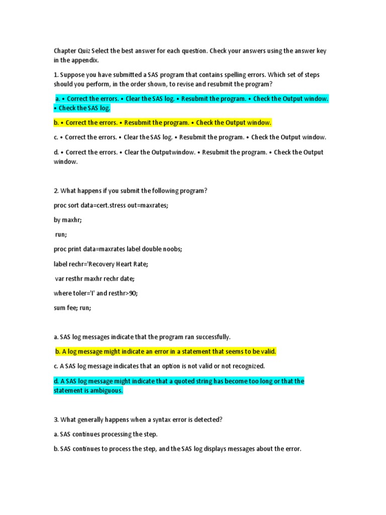 SAS Programming Quiz | PDF | Sas (Software) | Information Age