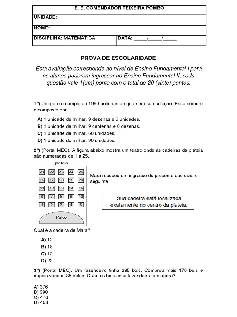 Prova de Escolaridade - Ensino Fundamental | PDF