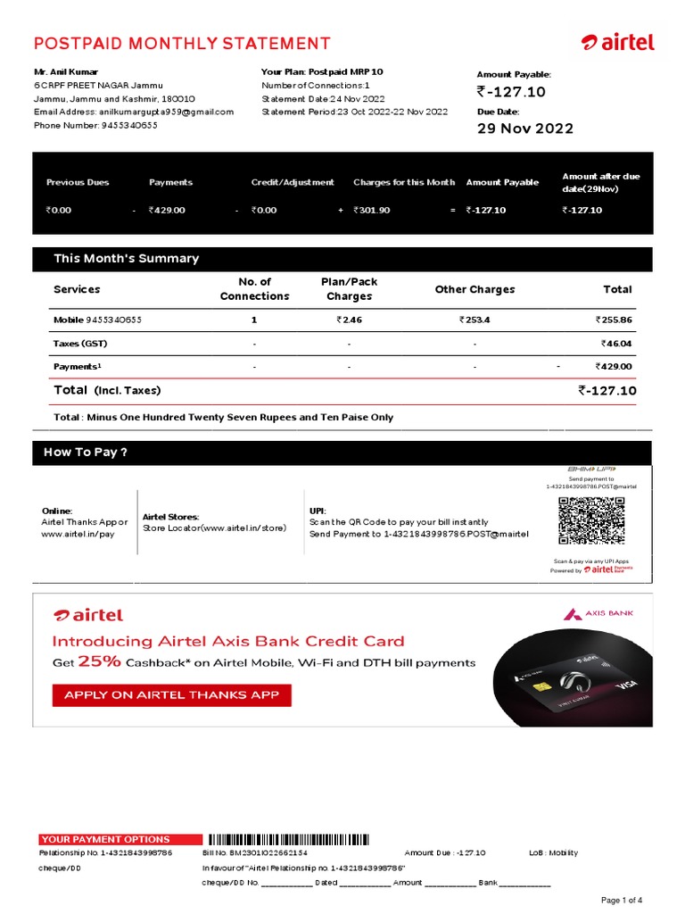 Postpaid Monthly Statement: This Month's Summary | Download Free PDF | Payments | Cheque