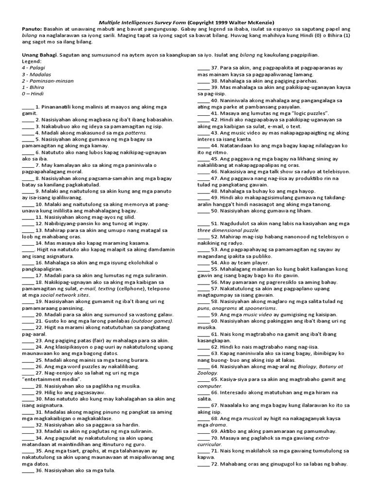 Multiple Intelligences Survey Form | PDF