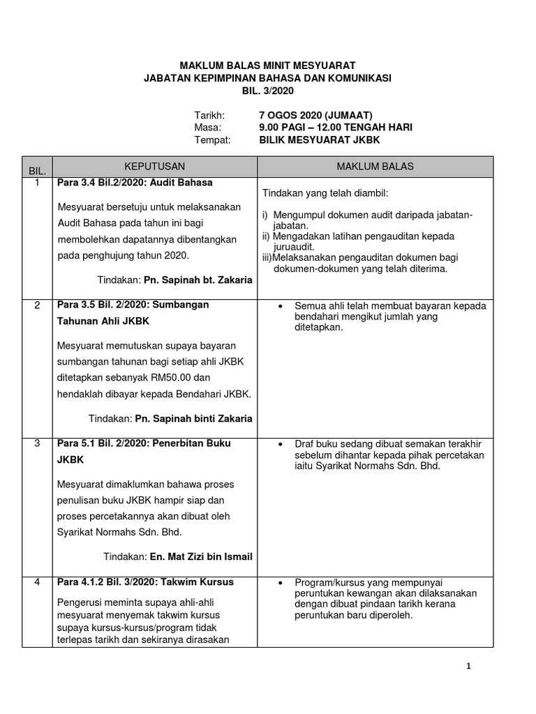 Contoh Maklum Balas Minit Mesyuarat | PDF