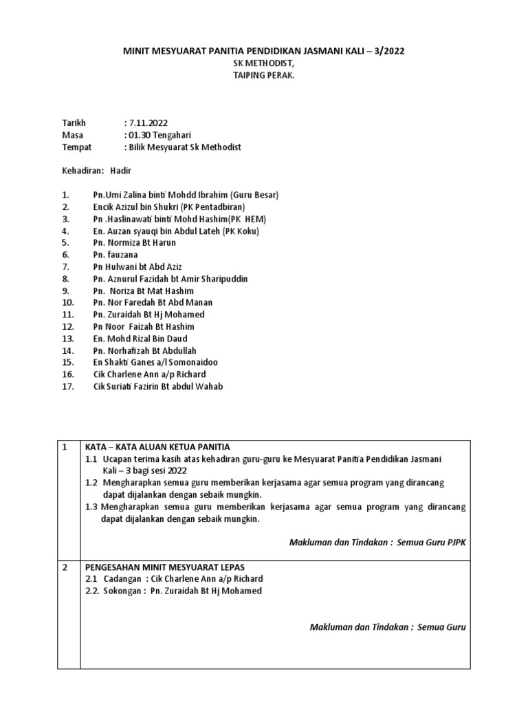 Minit Mesyuarat Panitia Pendidikan Jasmani Kali 3-2022 | PDF