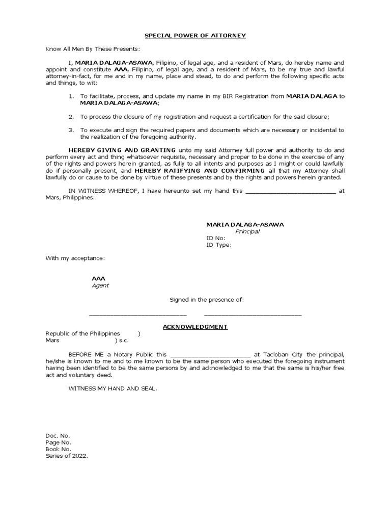 SPECIAL POWER OF ATTORNEY - Update BIR Registration | PDF