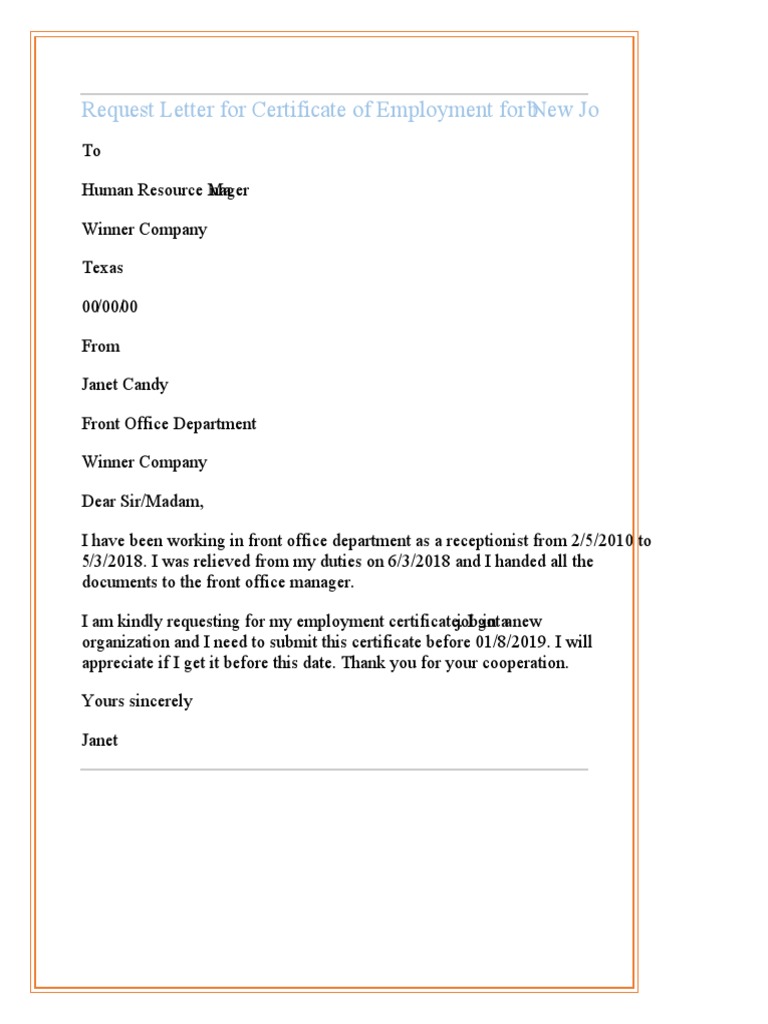 Request Letter For Certificate of Employment For New Job | PDF