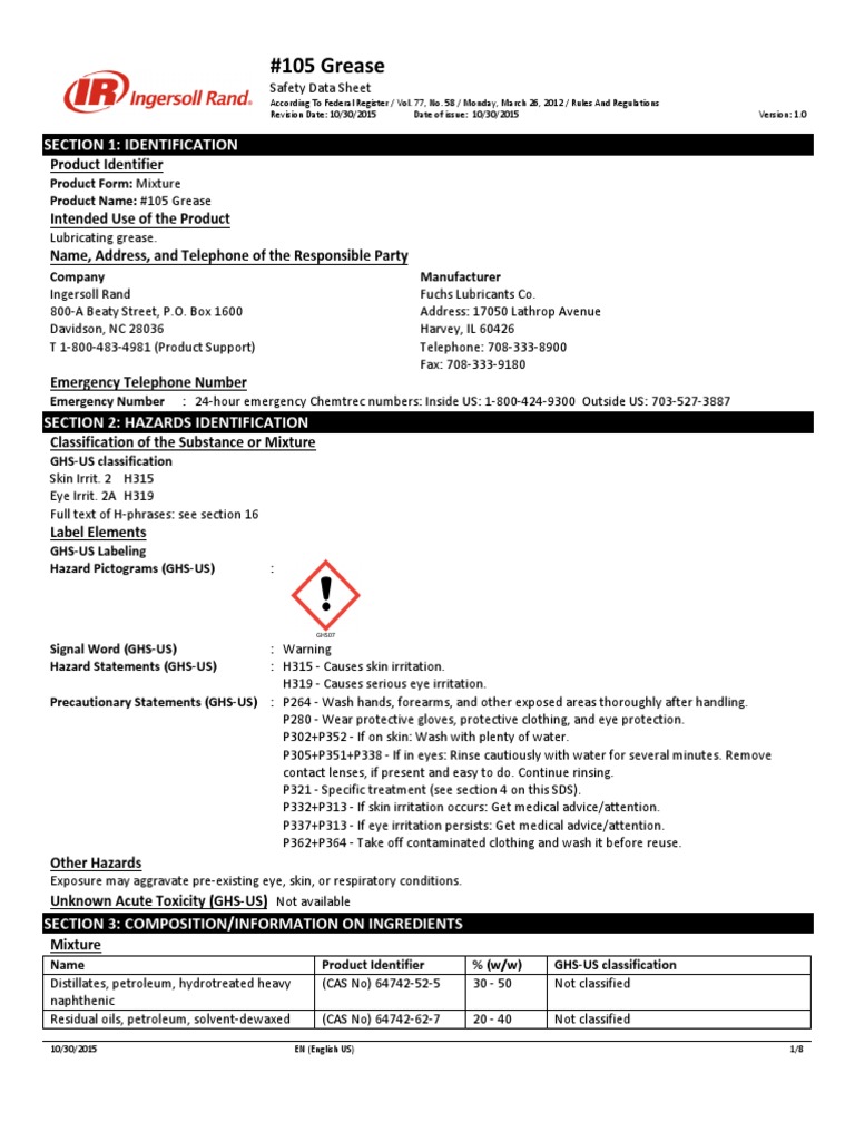 105 Grease SDS Safety Data | PDF | Firefighting | Personal Protective ...