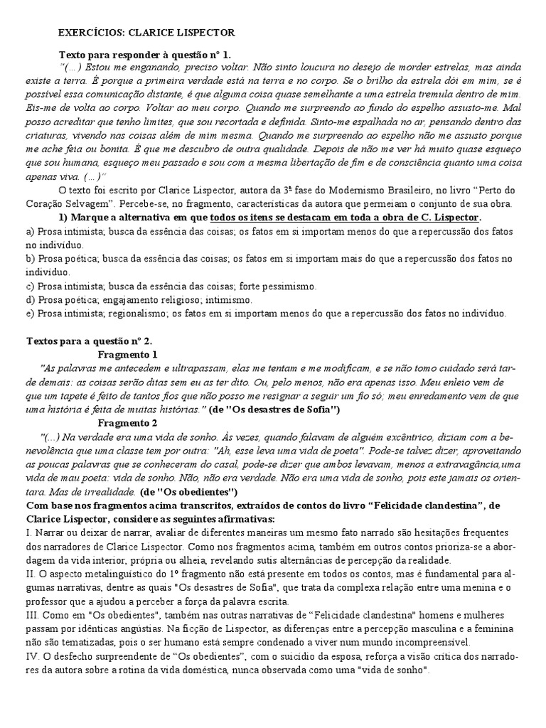 Clarice Lispector - Exerc. 1 | PDF