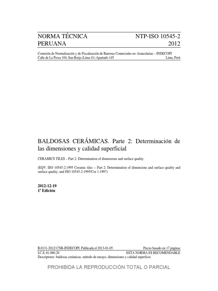 NTP-ISO 10545-2: Baldosas Cerámicas | PDF