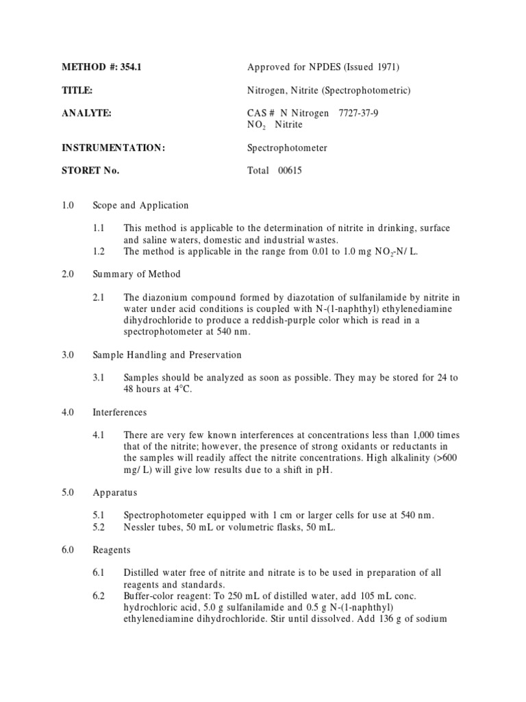 EPA Method 354.1 for Nitrite Analysis | PDF | Ph | Nitrite