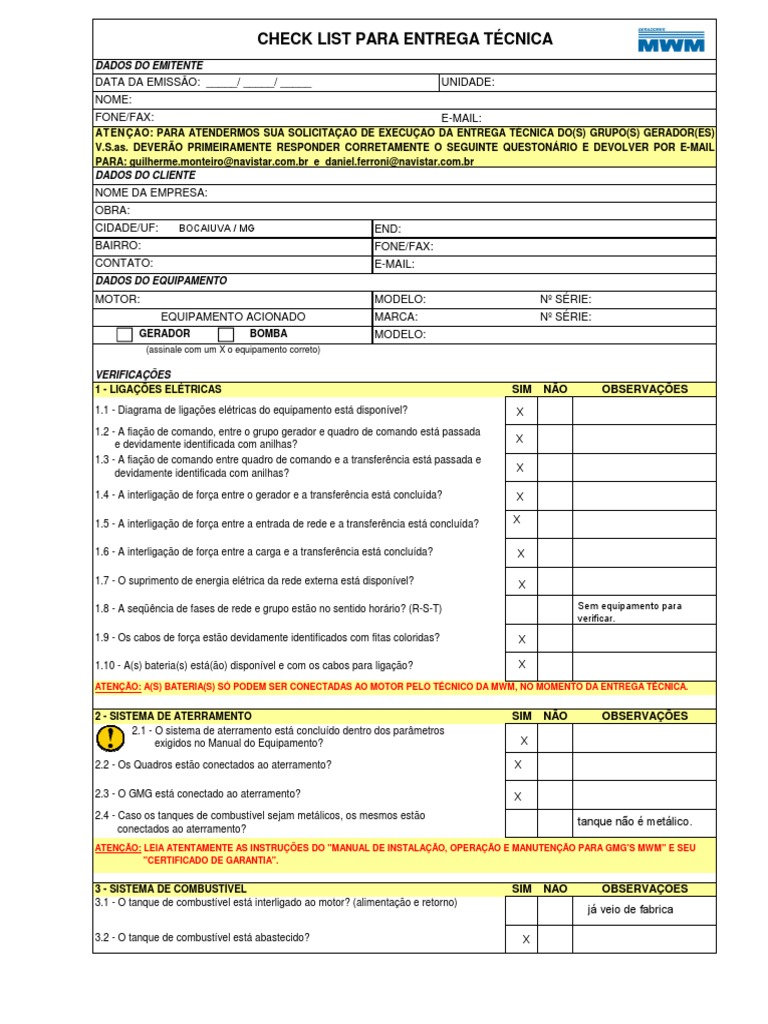 Check List Entrega Técnica (CLIENTE) | PDF | Motores