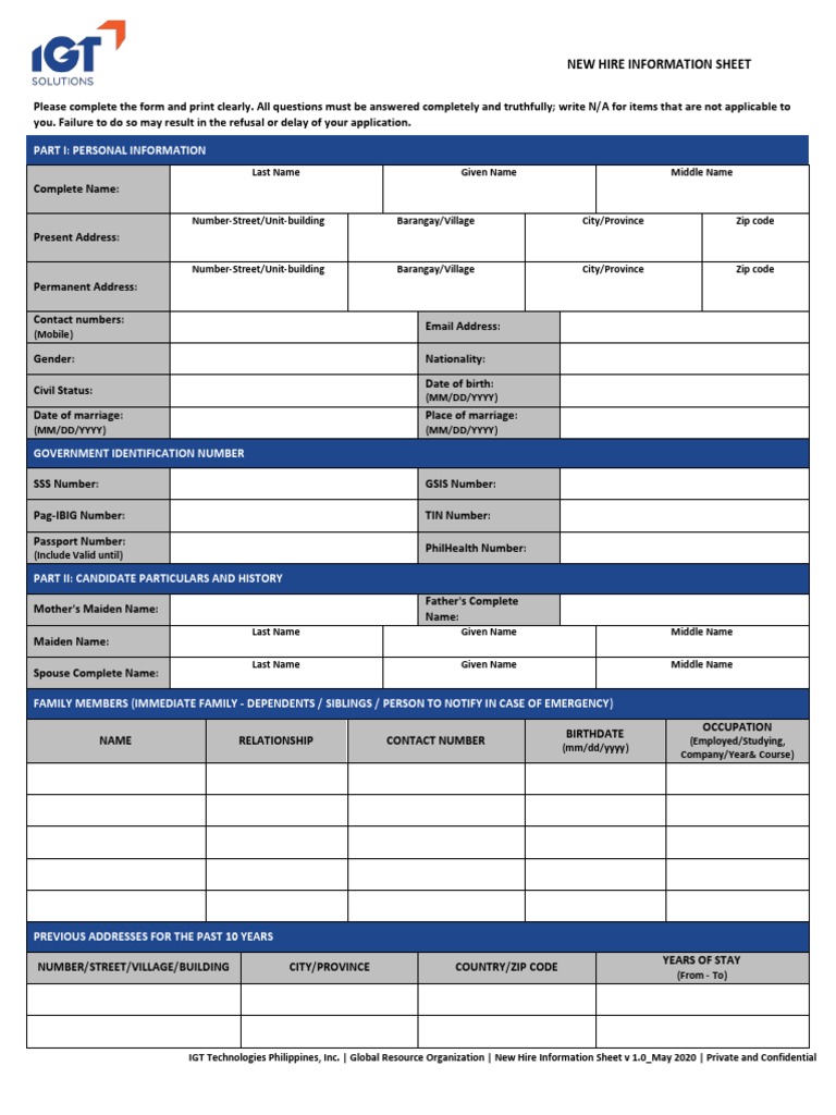 New Hire Information Sheet Template | PDF | Employment | Justice