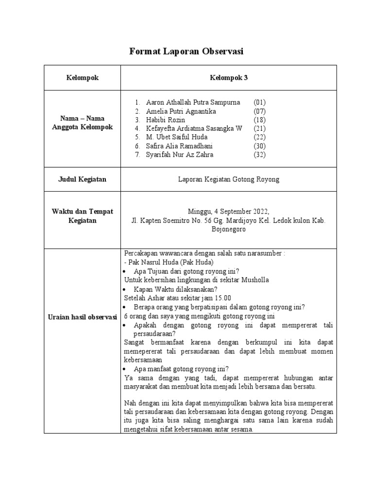 Format Laporan Observasi PKN Gotong Royong | PDF