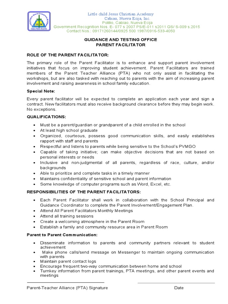Parent Facilitator Form | Download Free PDF | Parent | Communication