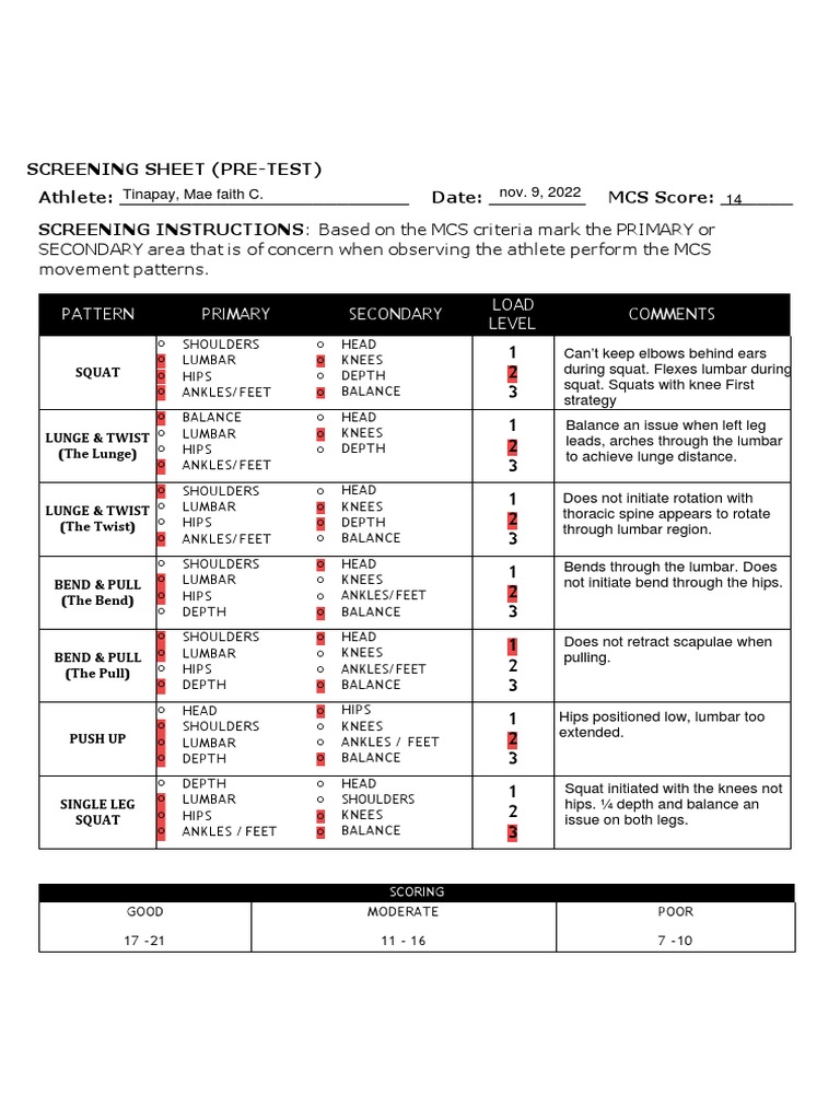 Movement Competency Screening Sheet | PDF | Foot | Knee