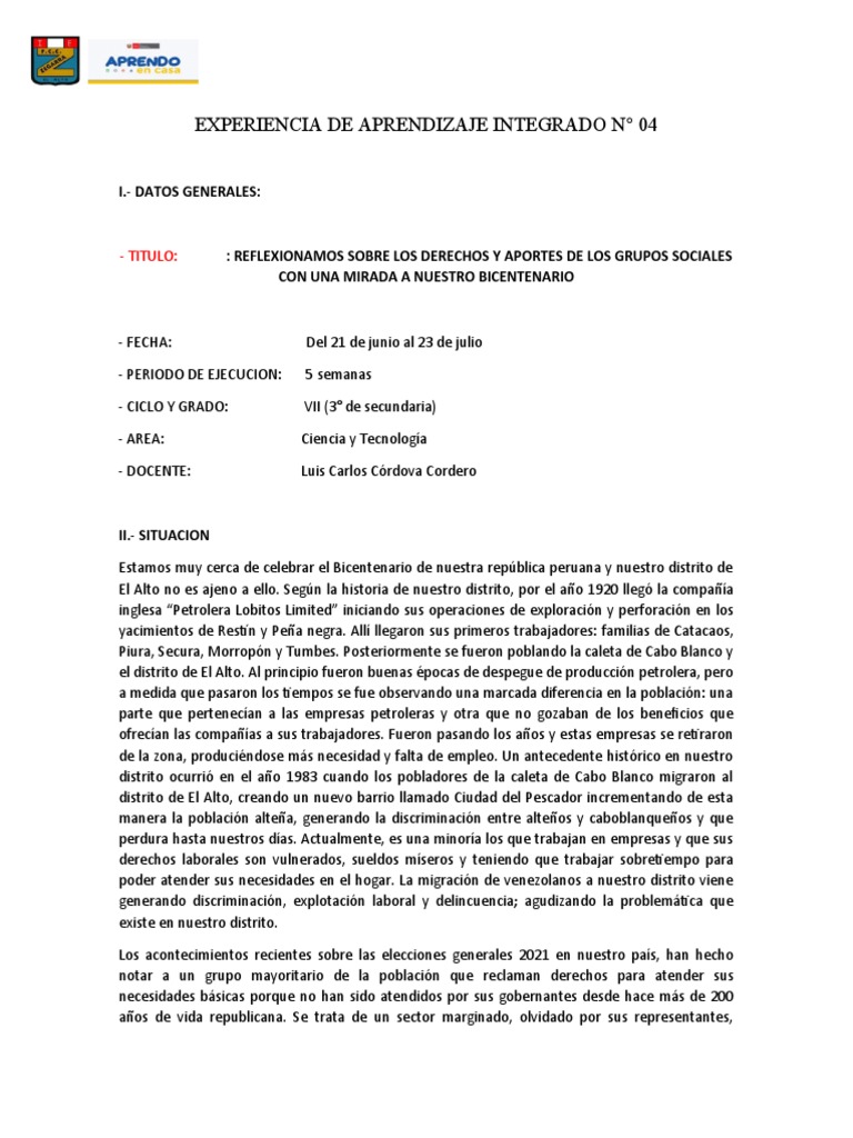 Experiencia de Aprendizaje Integrado N°04 | PDF