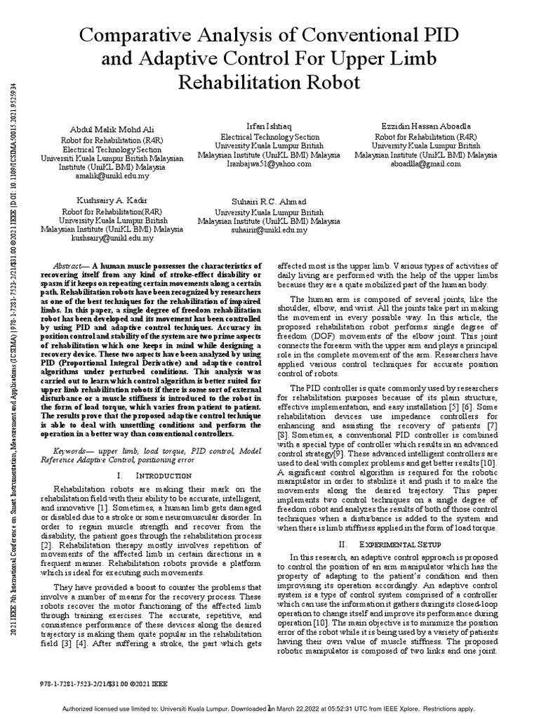 Comparative Analysis of Conventional PID and Adaptive Control For Upper ...