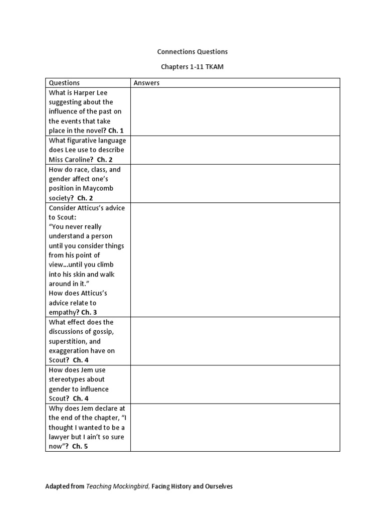 TKAM Connection Questions PDF | PDF | To Kill A Mockingbird