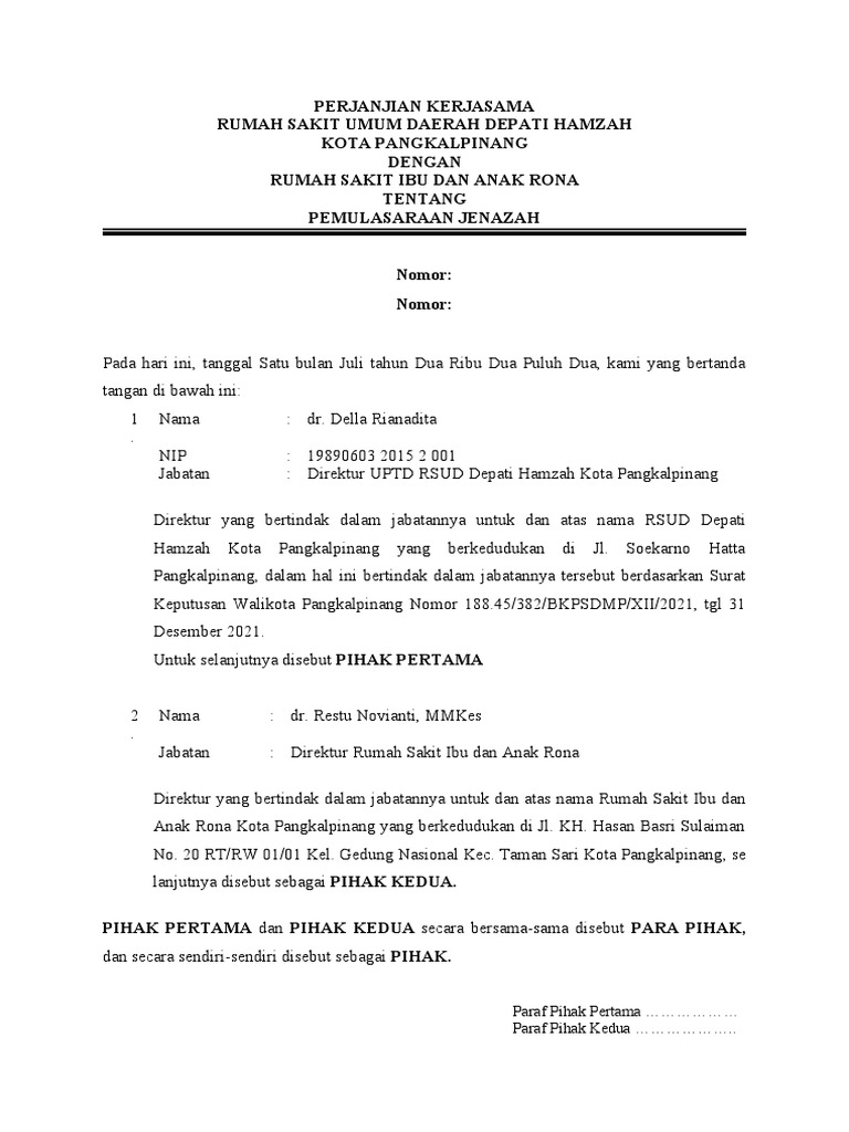 DRAFT PKS PEMULASARAN JENAZAH RSIA RONA Rev | PDF