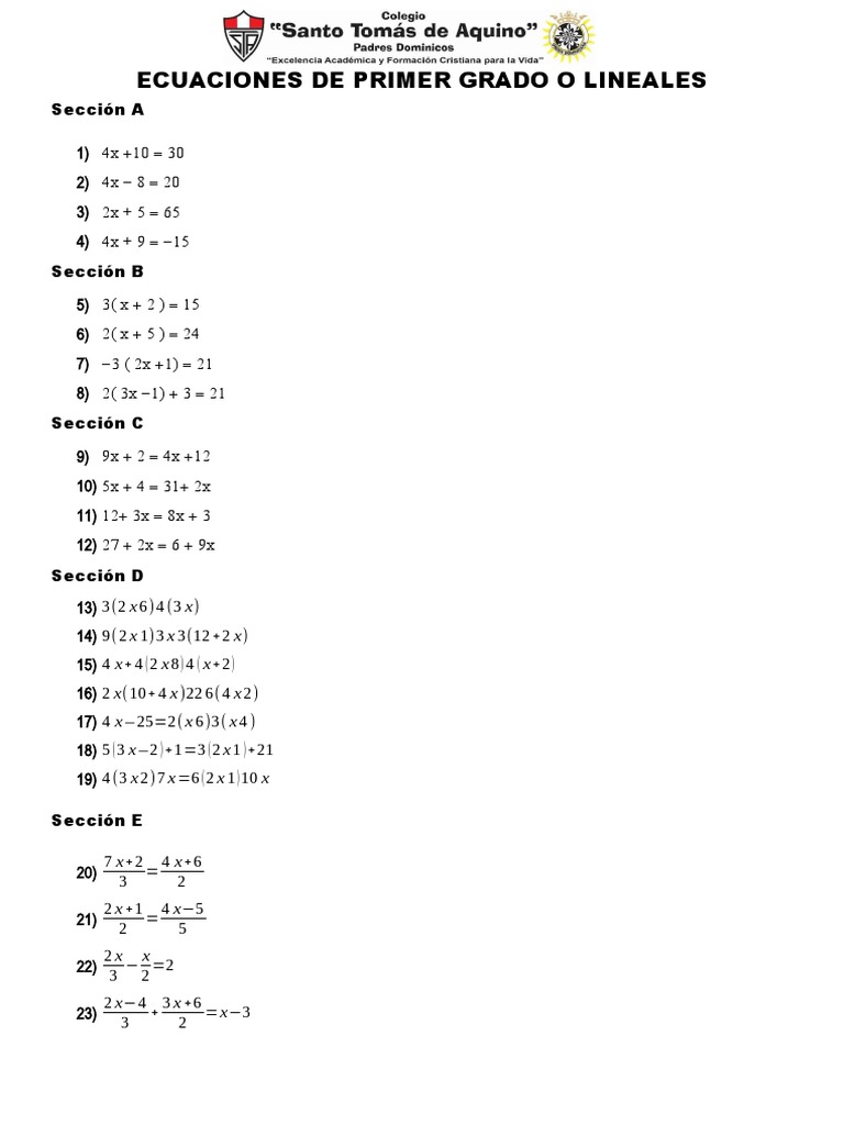 Ecuaciones De Primer Grado O Lineales Pdf