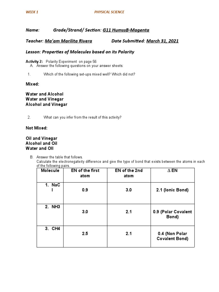 Activity 2 Polarity of Molecules | PDF | Chemical Polarity | Chemical Bond