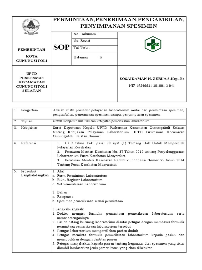 Sop Permintaan, Penerimaan, Pengambilan Spesimen | PDF