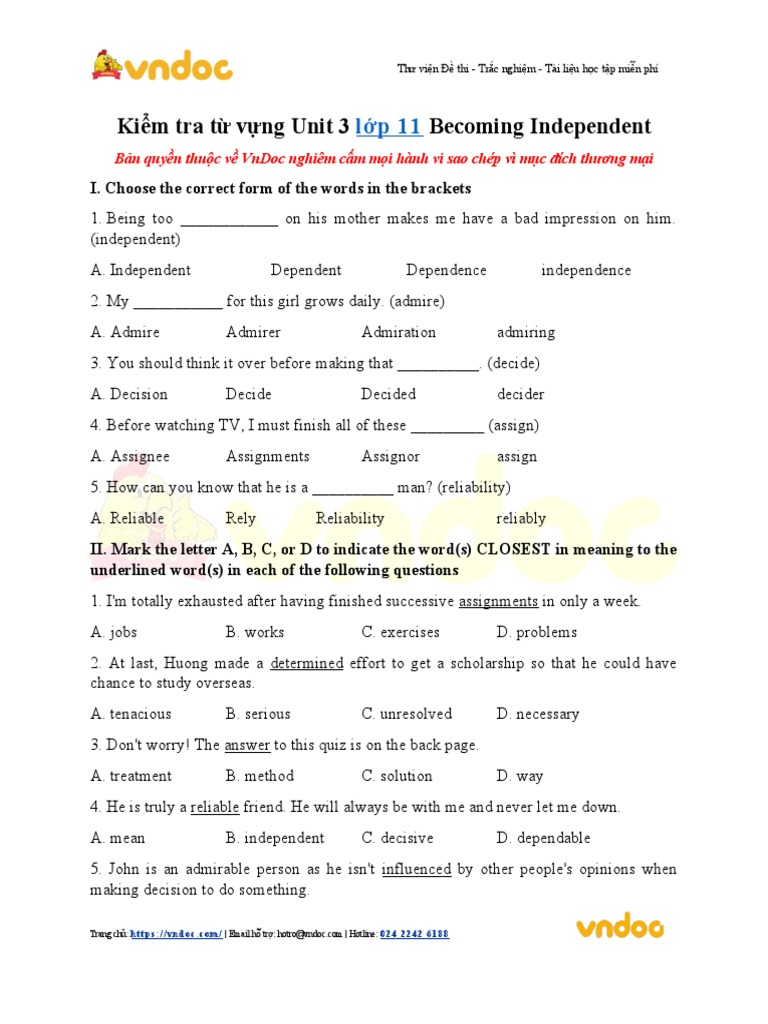 Kiem Tra Tu Vung Unit 3 Lop 11 Becoming Independent | PDF | Psychology