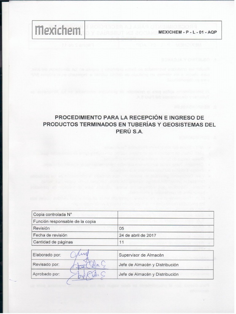 MEXICHEM-P-L-01-AQP Procedimiento para La Recepción e Ingreso de Productos Terminados Rev 05 | PDF