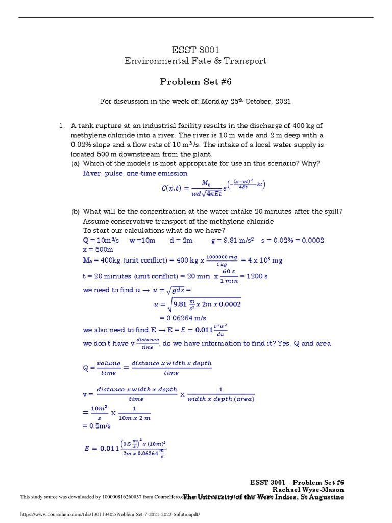 Problem Set 7 2021 2022 Solution Pdf Pdf River Chemical Engineering