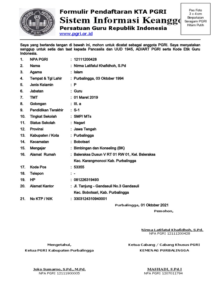 Formulir Kta Pgri | PDF